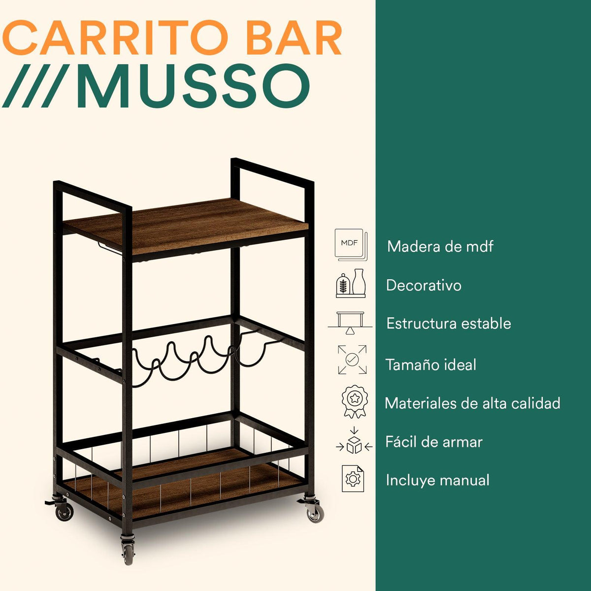 Carrito Organizador Musso | Carrito con Ruedas para Bar o Cocina | Mubson